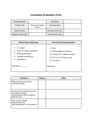 Fillable Online Candidate Evaluation for Behavioral Health Nurse Position Fax Email Print ...