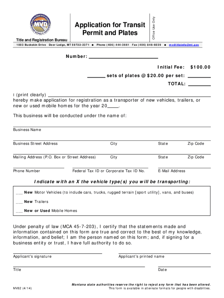 Fillable Online Application for Transit Permit and Plates Fax Email ...