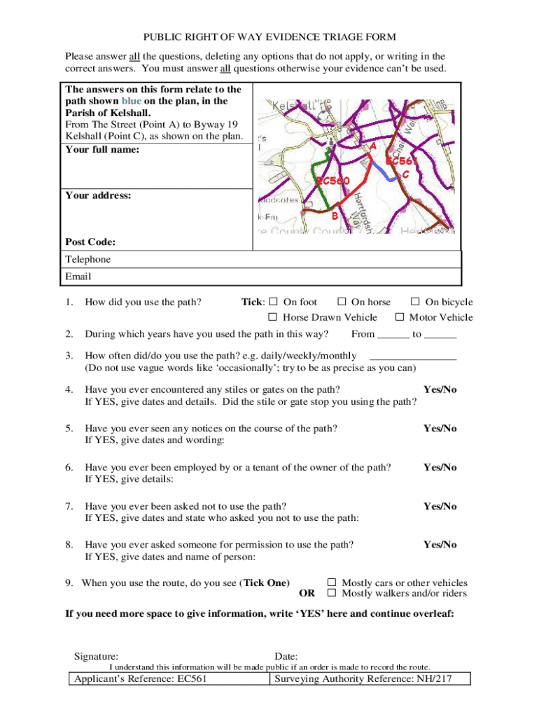 Fillable Online PUBLIC RIGHT OF WAY EVIDENCE TRIAGE FORM Please answer ... Fax Email Print ...