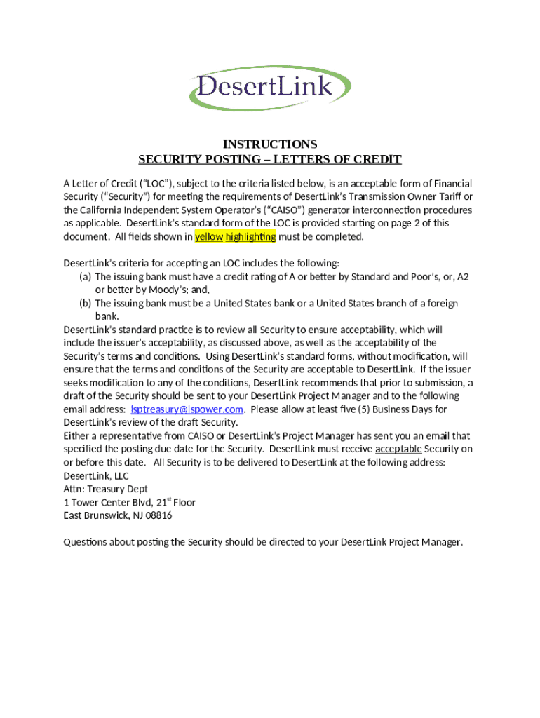 Security Posting - Letters of Credit Doc Template | pdfFiller