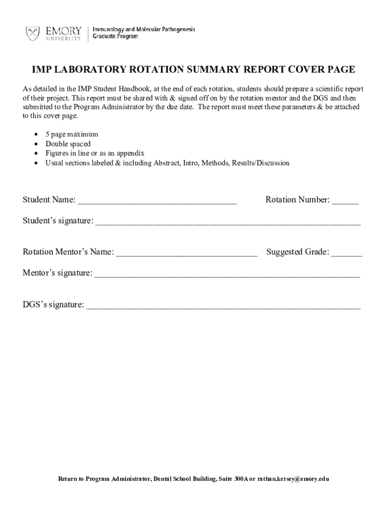 Fillable Online IMP LABORATORY ROTATION SUMMARY REPORT COVER PAGE Fax Email Print - pdfFiller