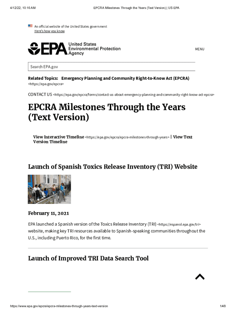 Fillable Online Epcra Milestones Through the Years (text Version) | Us ...