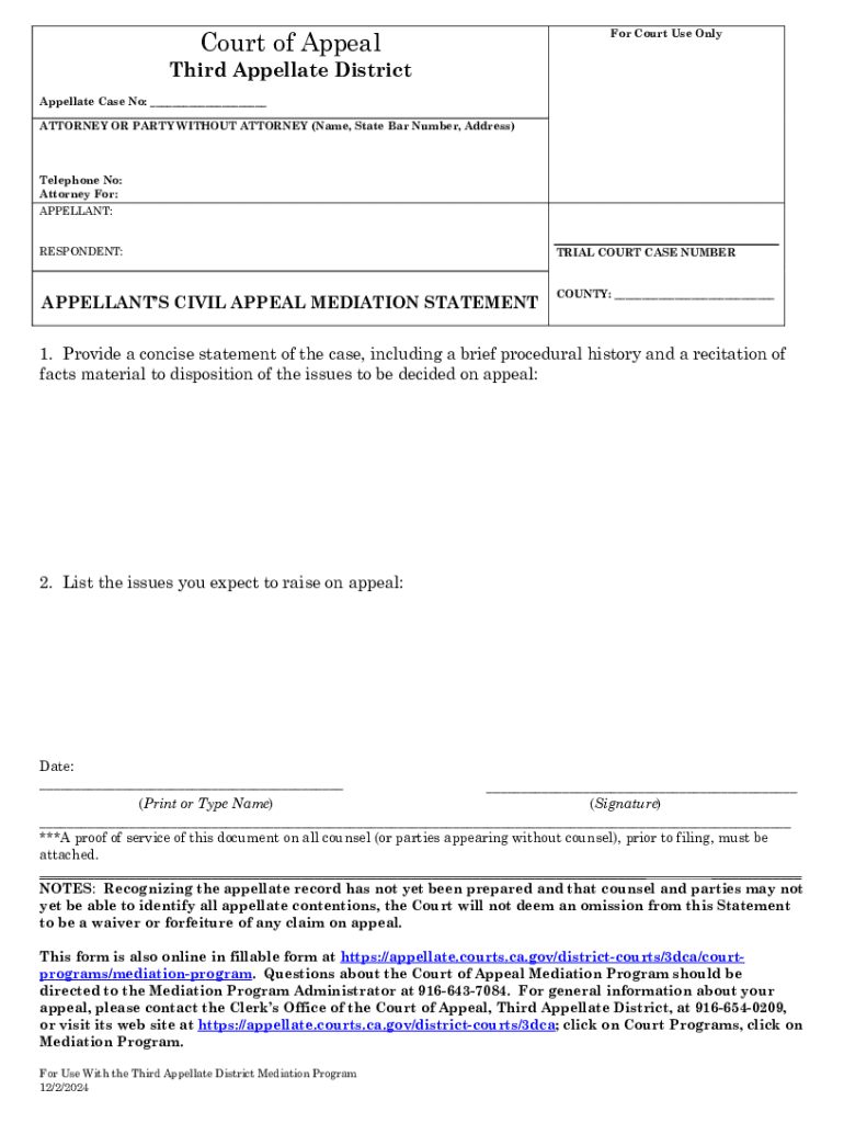 APPELLANTS CIVIL APPEAL MEDIATION STATEMENT: Fill out & sign online ...