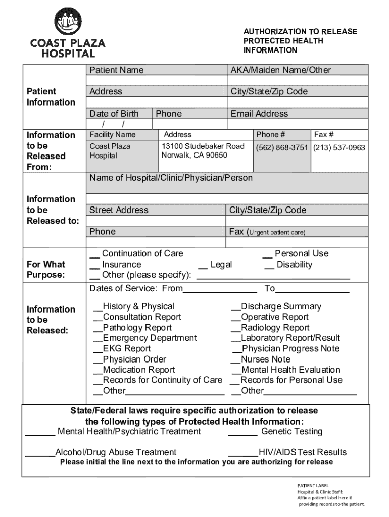 Fillable Online Authorization to Release Protected Health Information ...