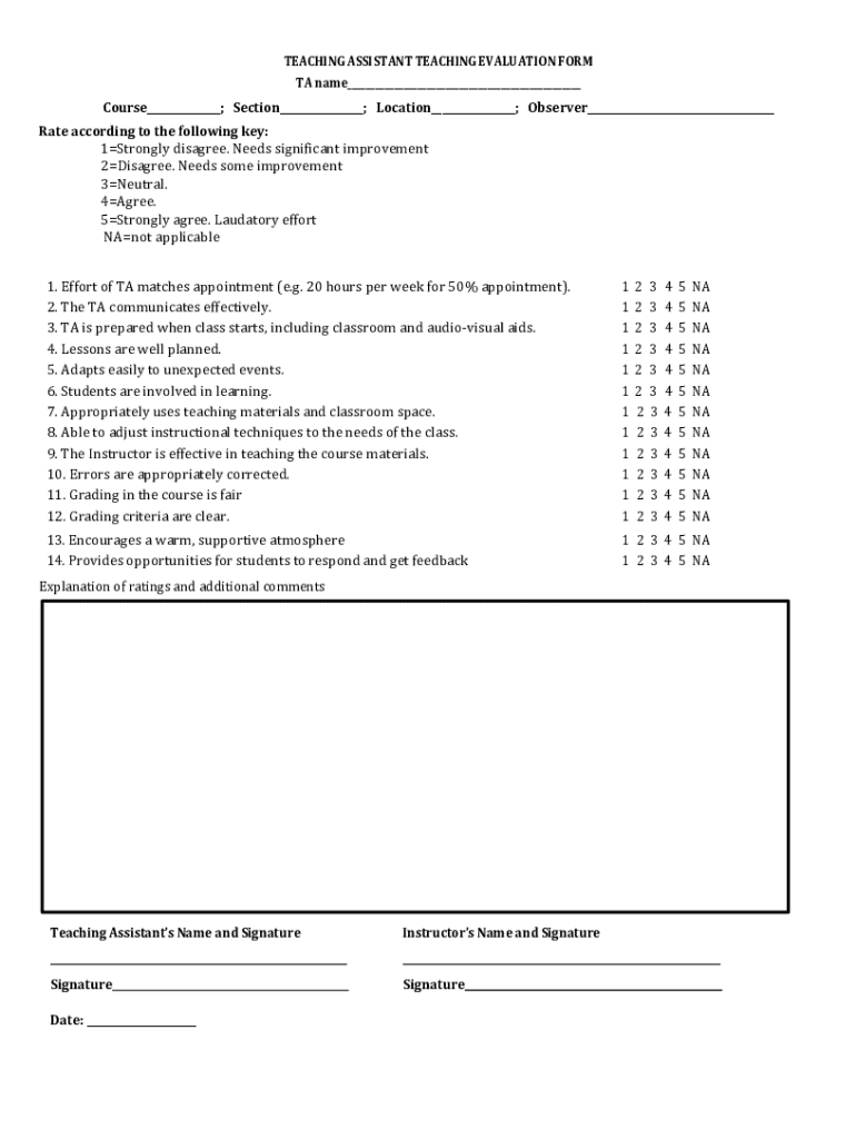 Fillable Online TEACHING ASSISTANT TEACHING EVALUATION FORM Fax Email Print - pdfFiller