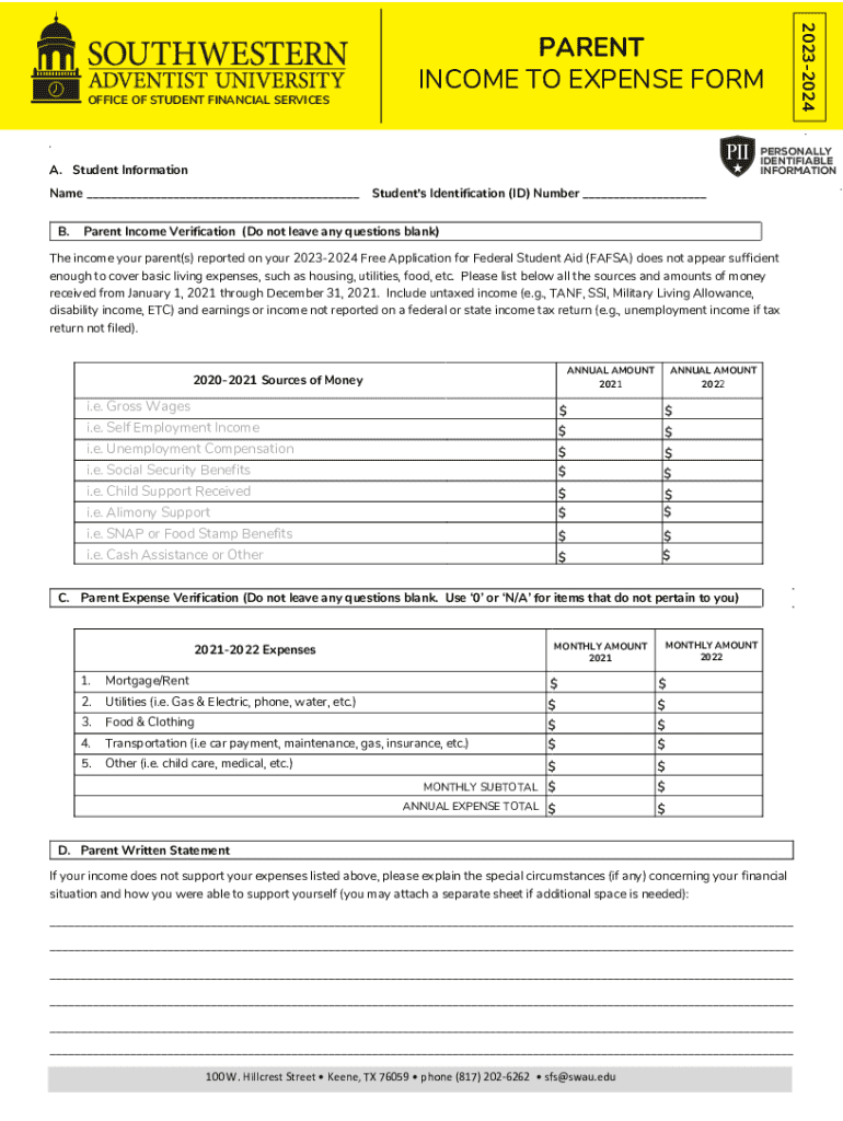 Fillable Online 2023-2024 Parent Income to Expense Form Fax Email Print ...