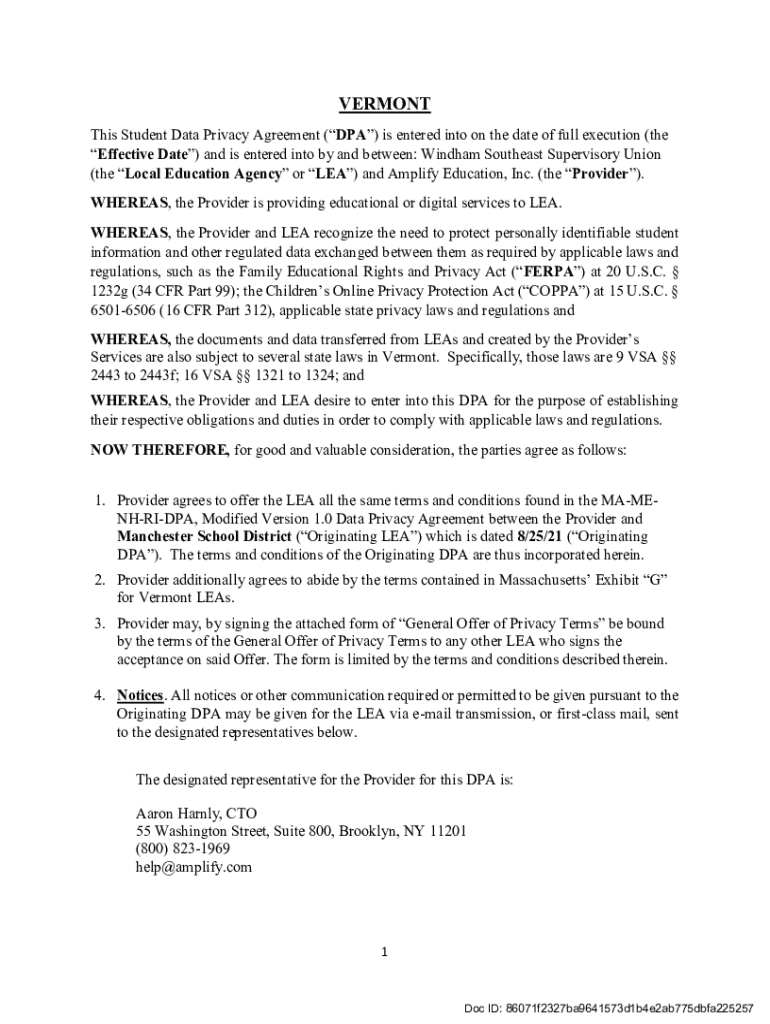 Fillable Online Student Data Privacy Agreement for Windham Southeast ...