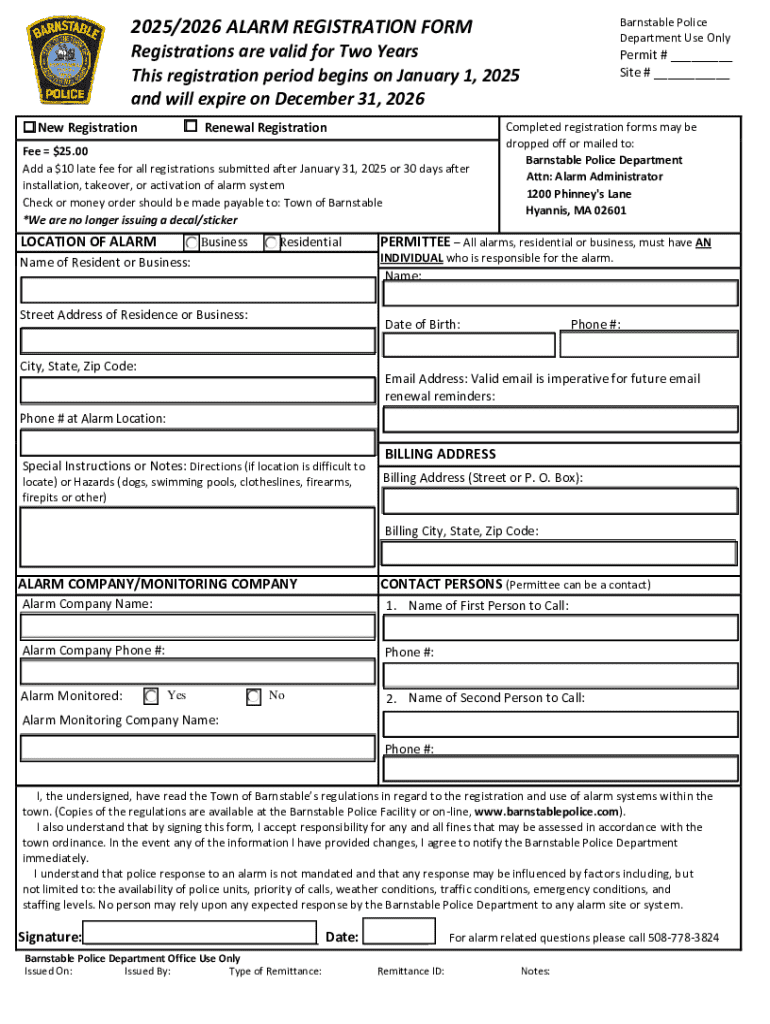Fillable Online 2025/2026 ALARM REGISTRATION FORM Fax Email Print ...