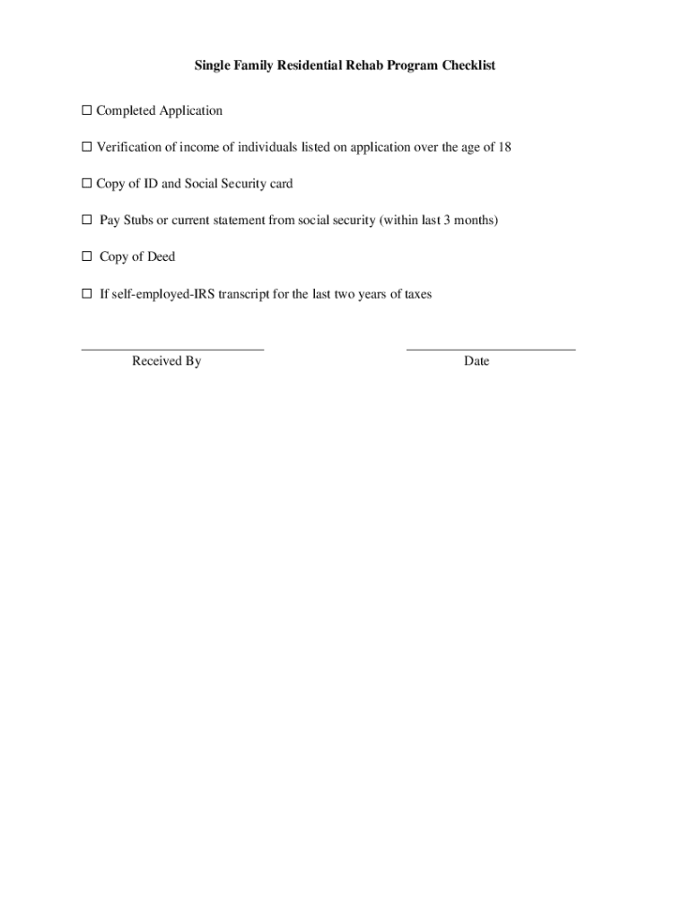 Fillable Online Single Family Residential Rehab Program Checklist Fax ...