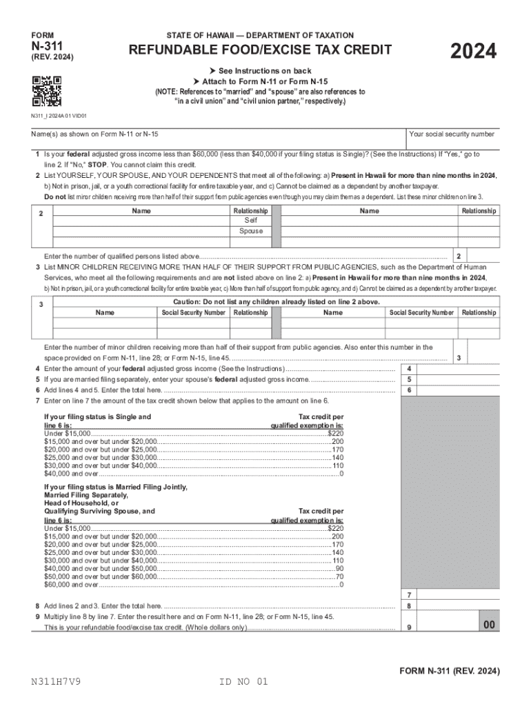 Form N-311, Rev 2024, Refundable Food Excise Tax Credit: Fill out ...