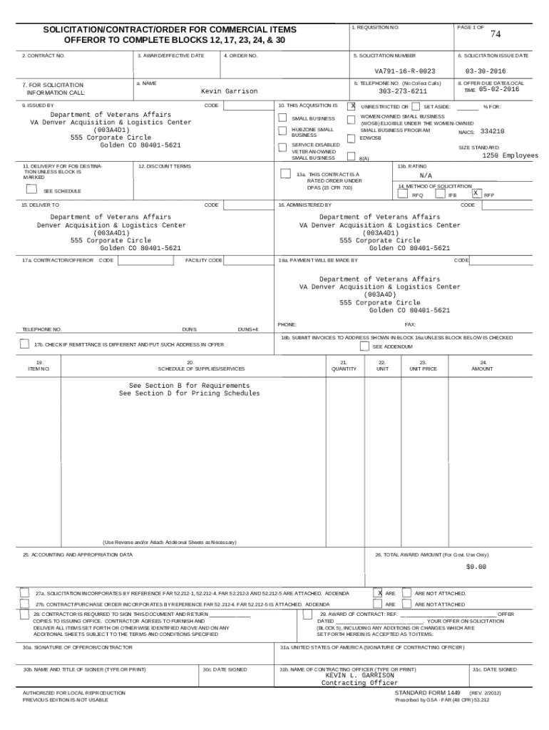 Sf 1449 Solicitation/contract/order for Commercial Items Doc Template ...