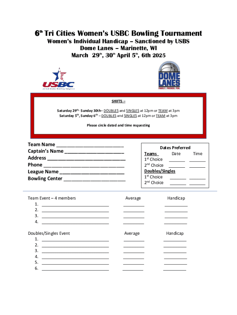 Fillable Online 6th Tri Cities Women’s Usbc Bowling Tournament Fax ...