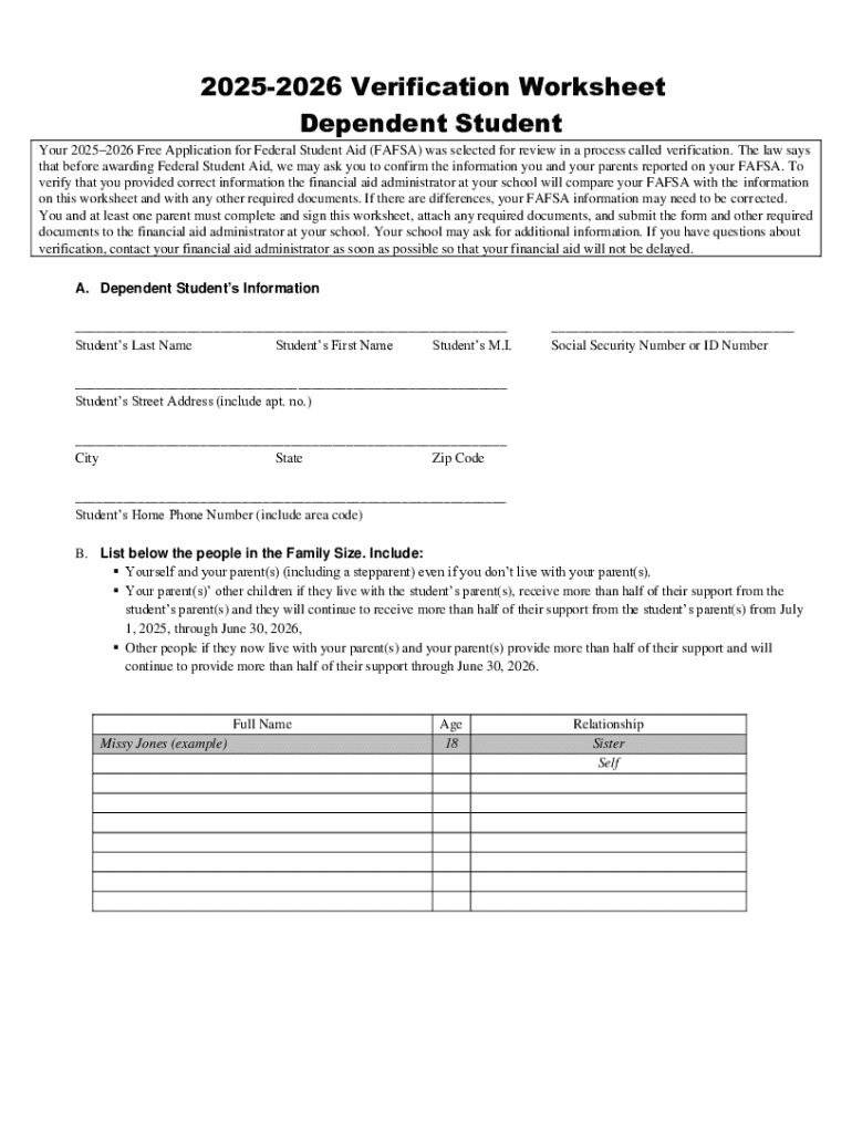 Fillable Online 20252026 Verification Worksheet Dependent Student Fax Email Print - pdfFiller