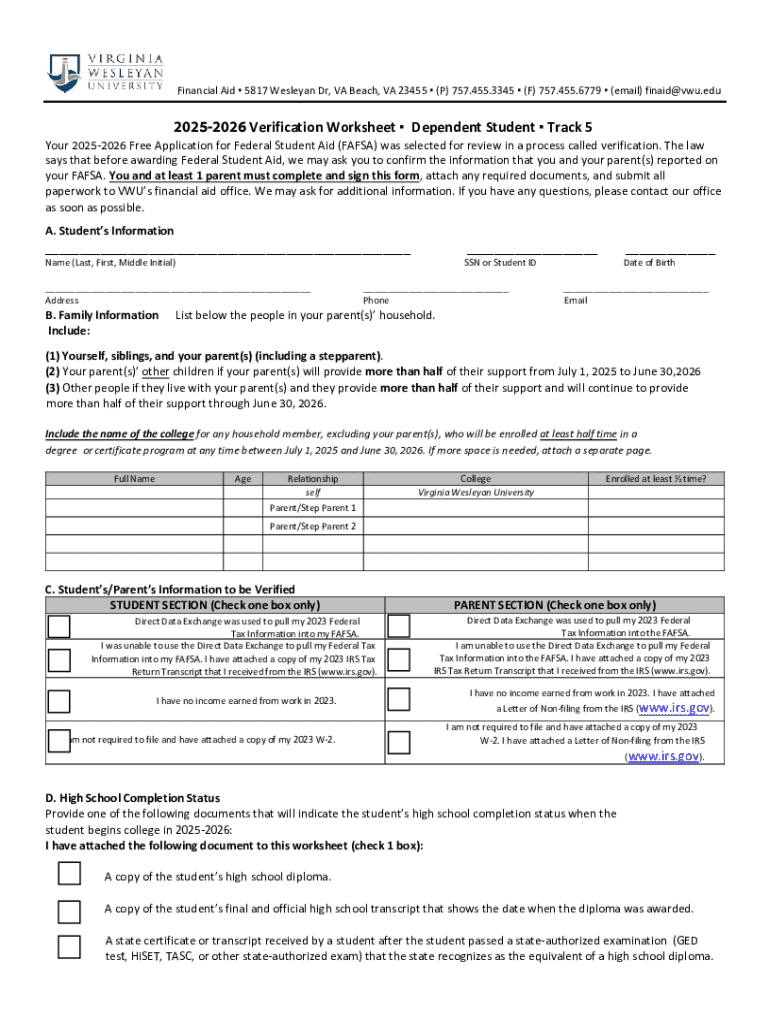 Fillable Online 2025-2026 Verification Worksheet Dependent Student Track 5 Fax Email Print ...