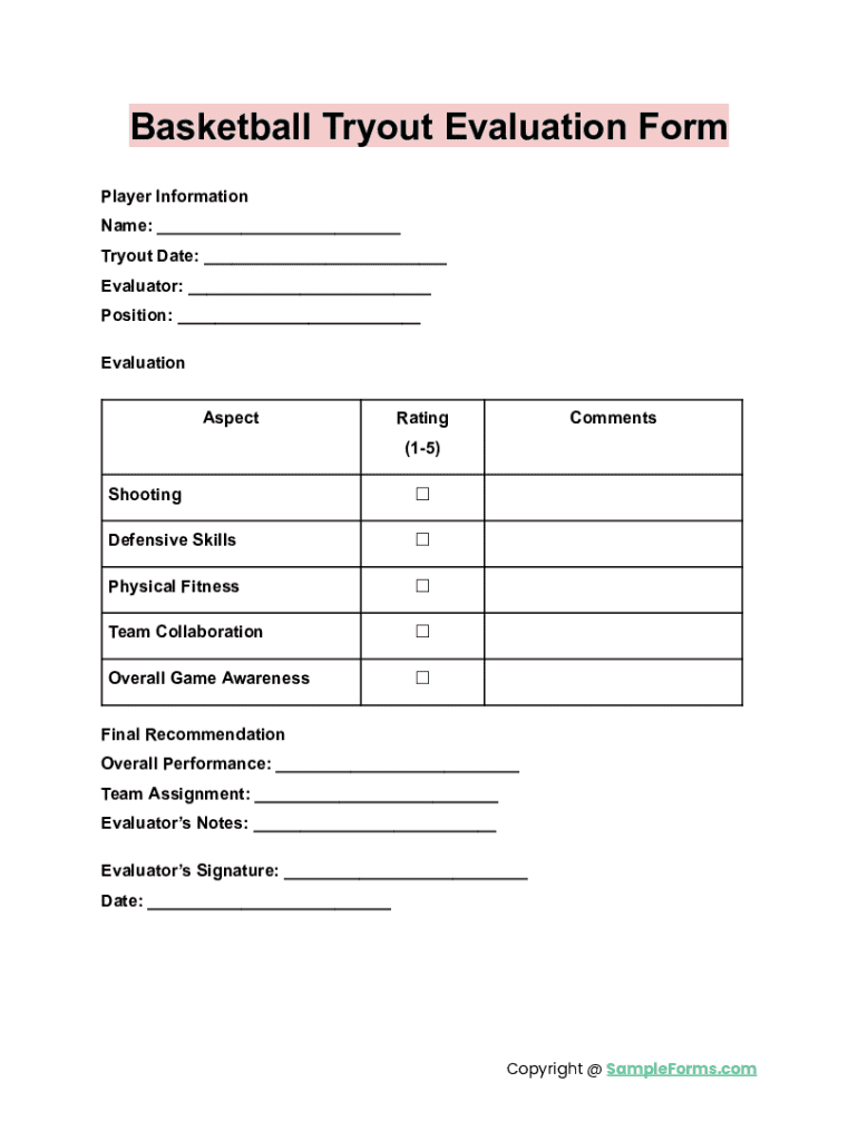 Fillable Online Basketball Tryout Evaluation Fax Email Print - pdfFiller