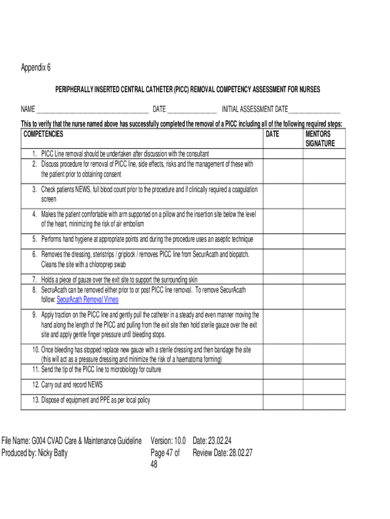 Fillable Online Percipherally Inserted Central Catheter (picc) Removal ...