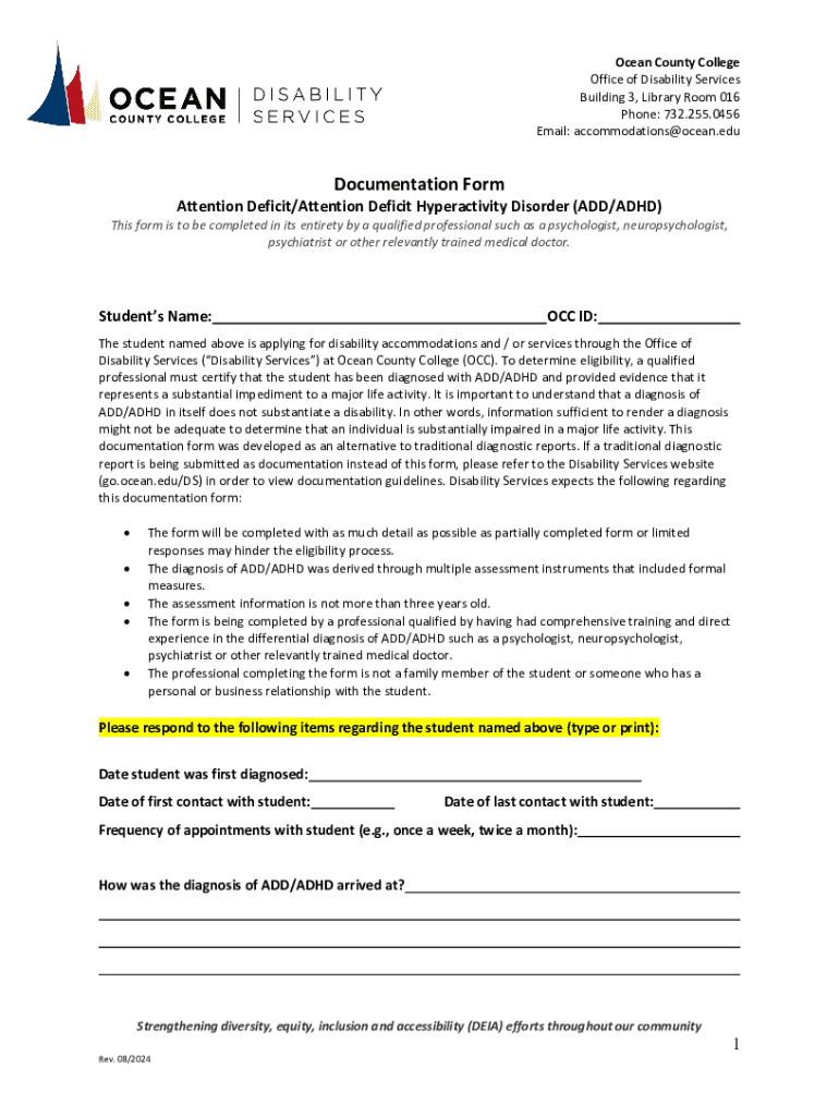 Fillable Online Documentation for Attention Deficit/attention Deficit ...