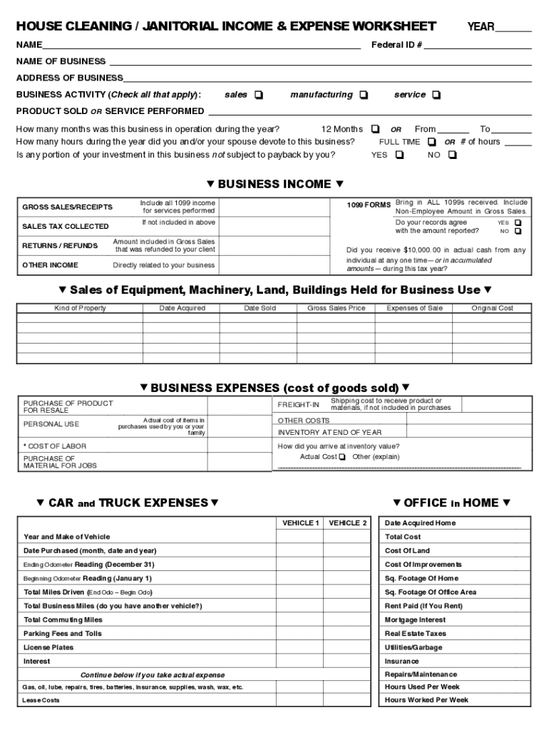 Fillable Online House Cleaning / Janitorial Income & Expense Worksheet ...
