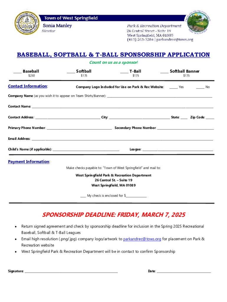 Fillable Online Sponsorship Application for Baseball, Softball & T-ball Leagues Fax Email Print ...