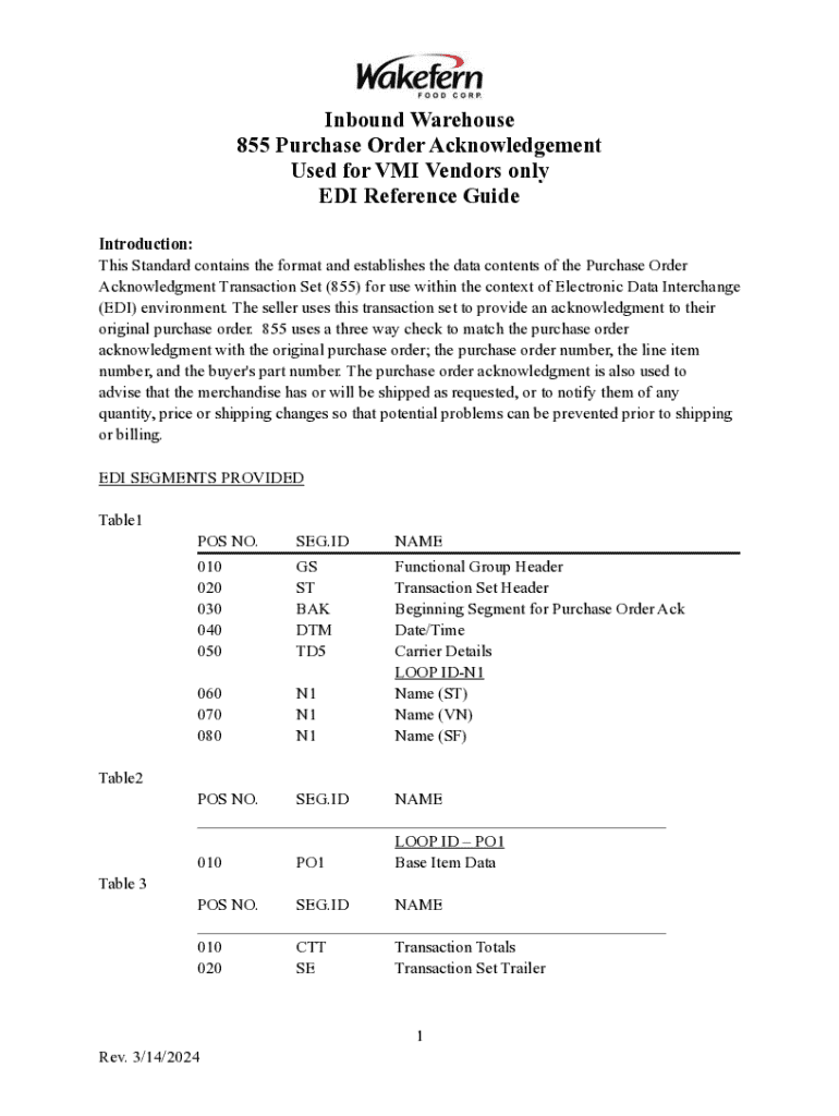 Fillable Online Inbound Warehouse 855 Purchase Order Acknowledgement ...