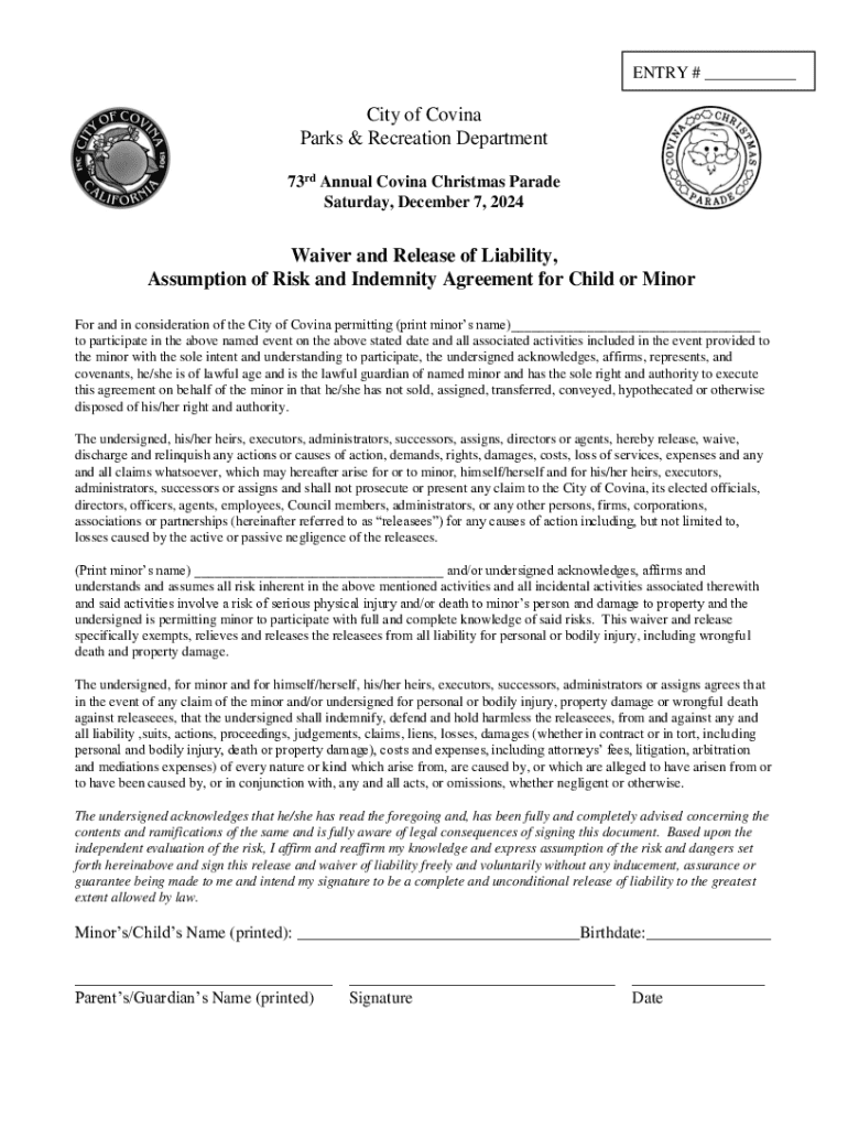 Fillable Online 73rd Annual Covina Christmas Parade Waiver Fax Email ...