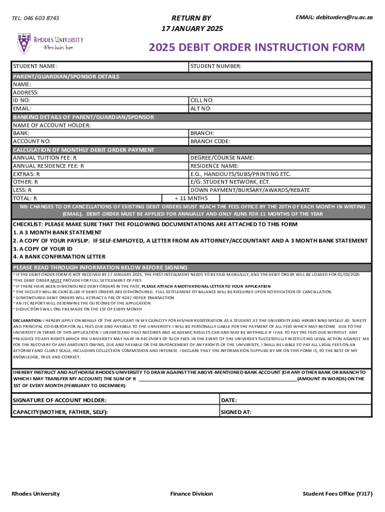 Fillable Online 2025 DEBIT ORDER INSTRUCTION FORM Rhodes University Fax ...