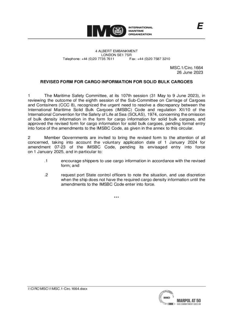 Fillable Online MSC.1/Circ.1664 26 June 2023 REVISED FORM FOR CARGO ...
