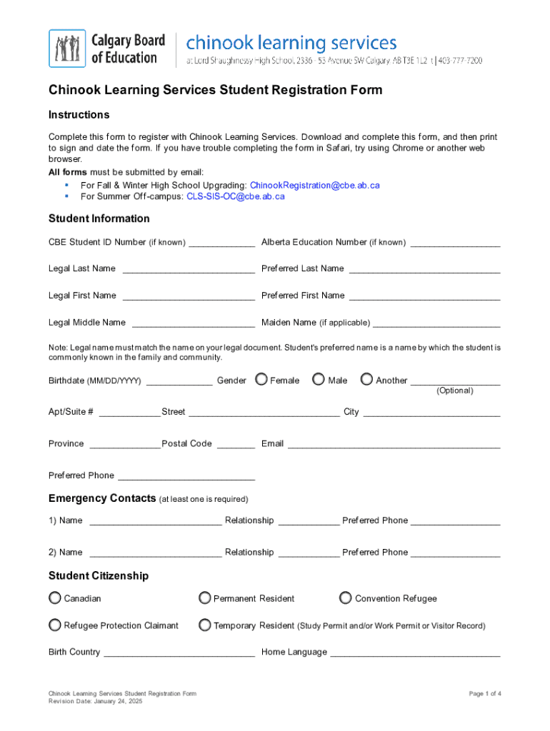 Fillable Online Chinook Learning Services Student Registration Form Fax ...
