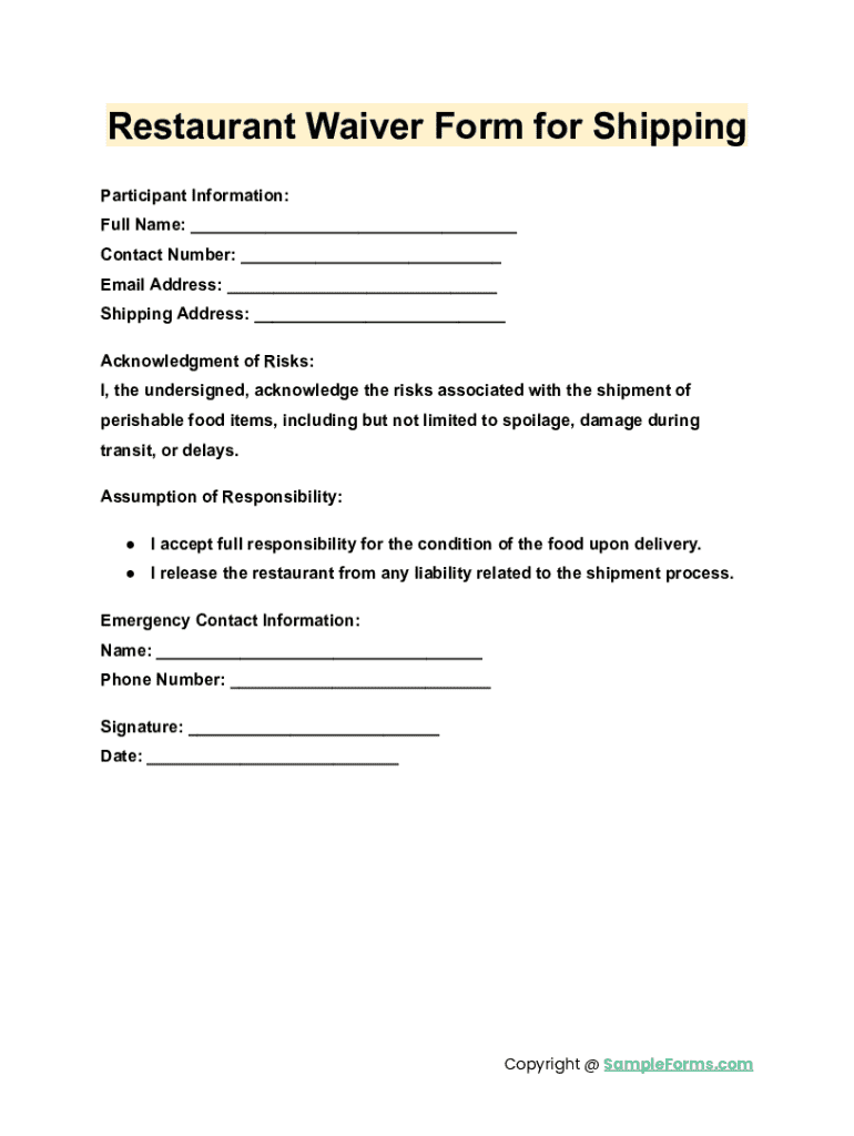 Fillable Online Restaurant Waiver Form for Shipping Fax Email Print ...