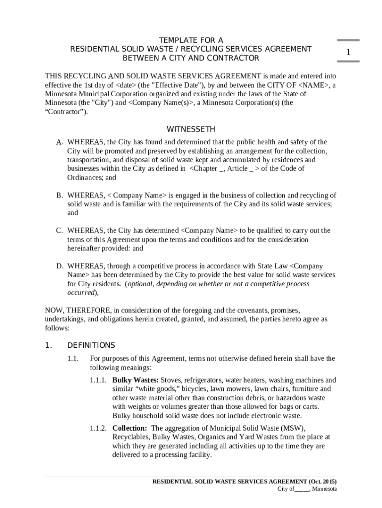 Residential Solid Waste / Recycling Services Agreement Doc Template | pdfFiller