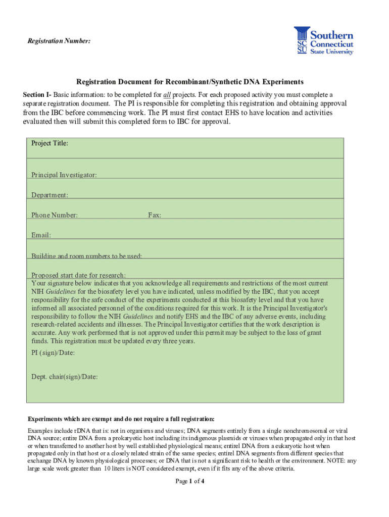 Fillable Online Registration Document for Recombinant/synthetic Dna Experiments Fax Email Print ...
