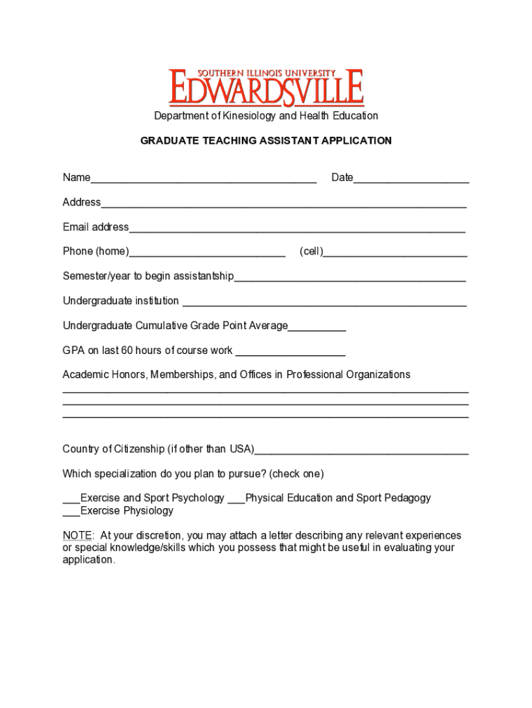 Fillable Online Graduate Teaching Assistant Application - Department of Kinesiology and Health ...