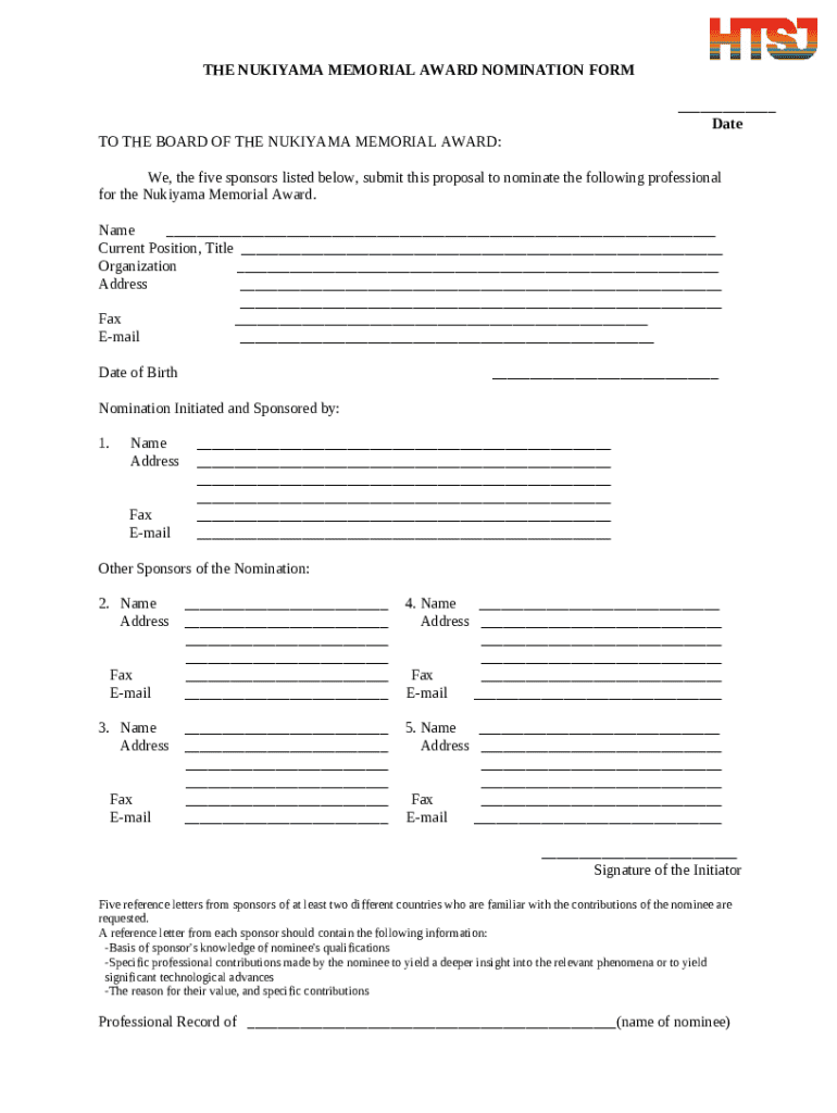 Nukiyama Memorial Award Nomination Doc Template | pdfFiller
