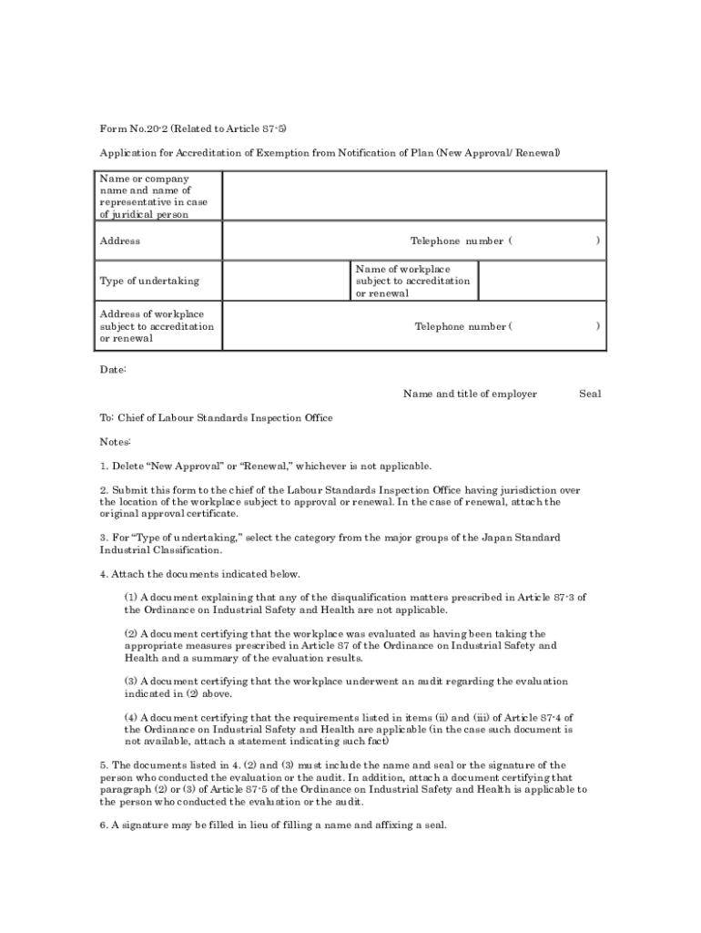 Fillable Online Application for Accreditation of Exemption from Notification of Plan. Form No.20 ...