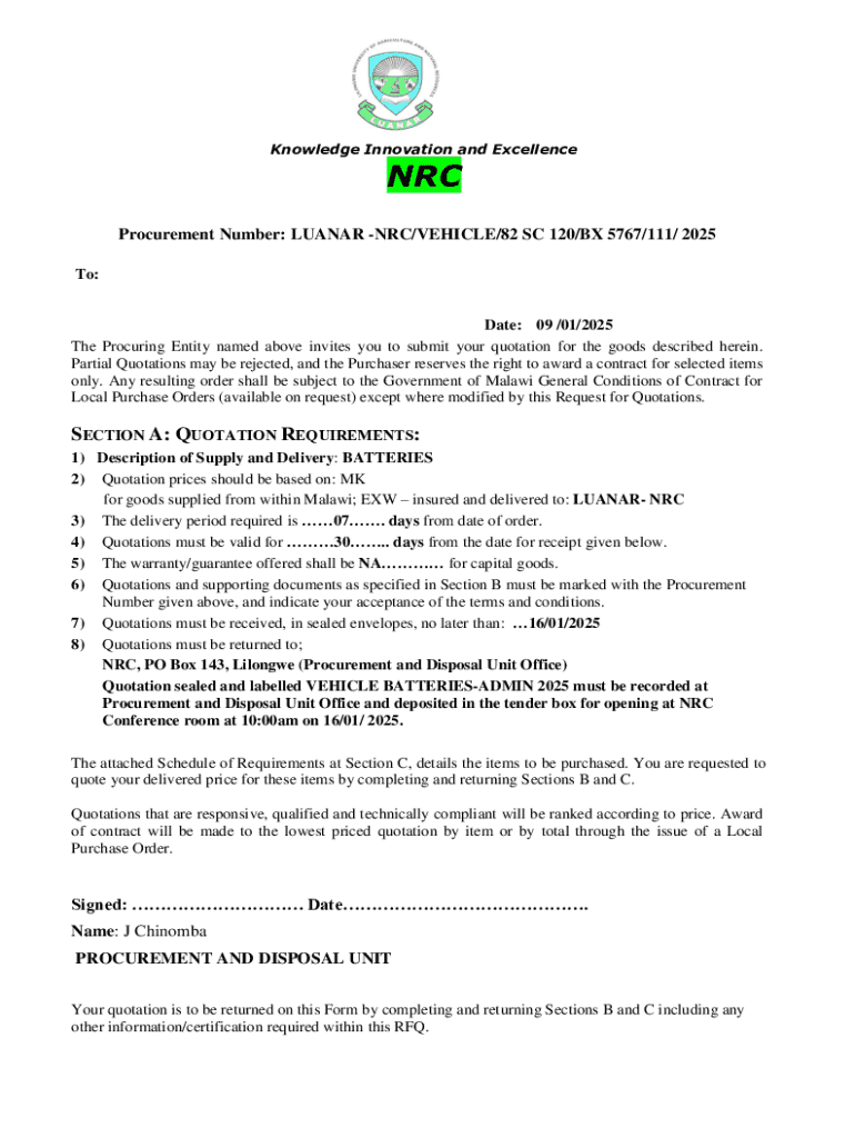 Fillable Online Procurement Number: LUANAR -NRC/VEHICLE/82 SC 120/BX ...