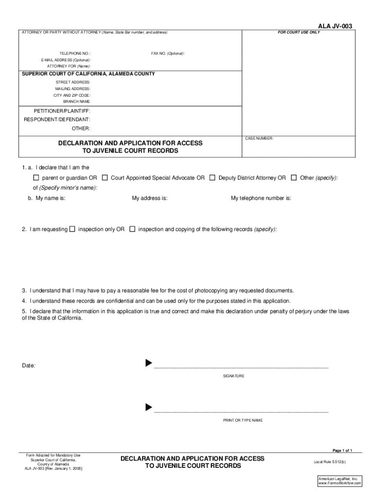 Fillable Online Fillable Online ALA JV-003 Declaration And Application ...
