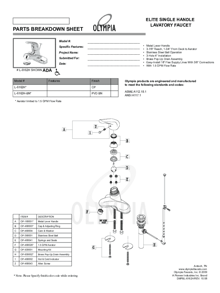 Fillable Online Elite Single Handle Lavatory Faucet Fax Email Print ...