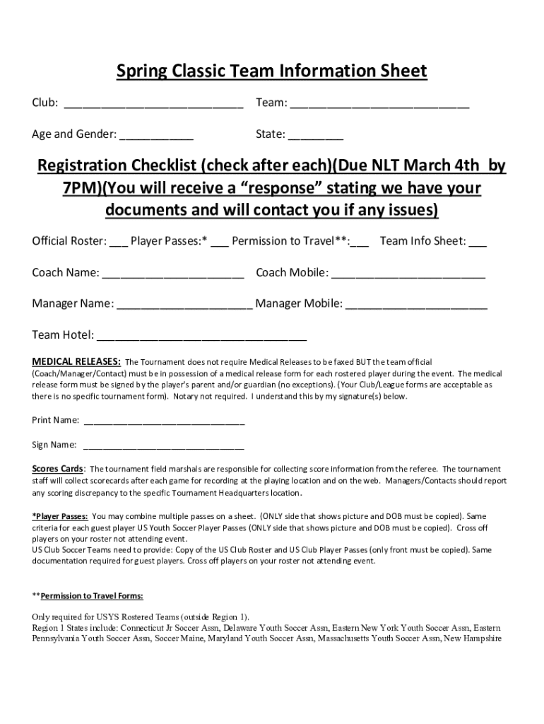 Fillable Online Spring Classic Team Information Fax Email Print - pdfFiller