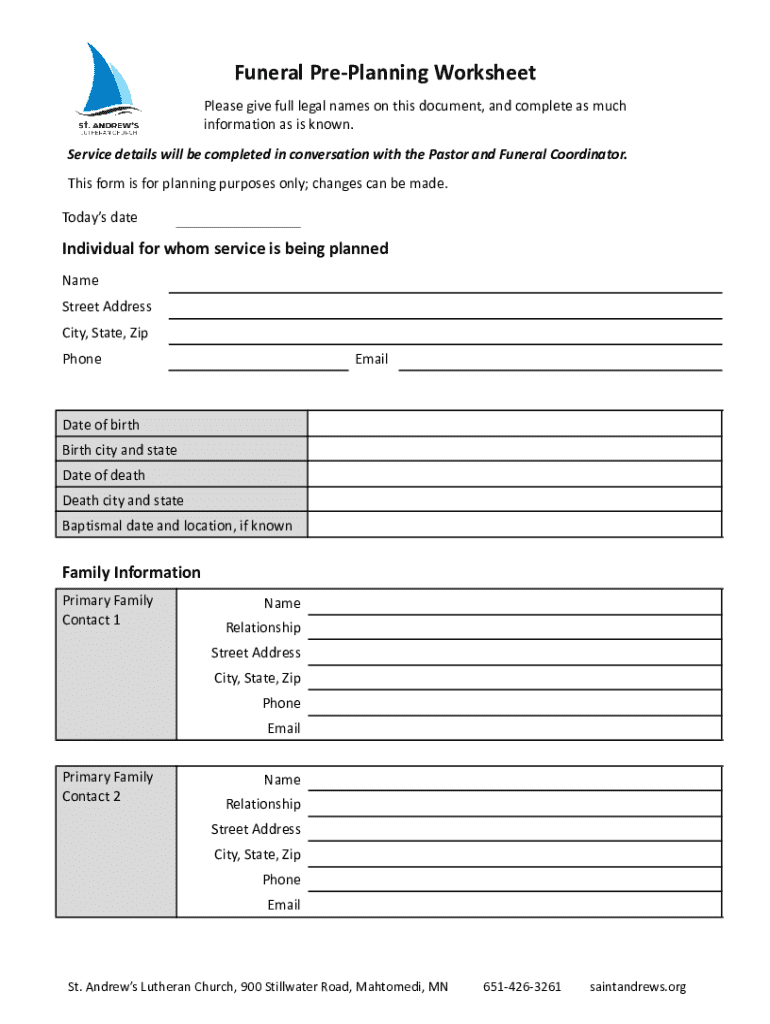 Fillable Online Funeral Pre-planning Worksheet Fax Email Print - pdfFiller