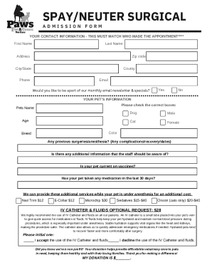 Fillable Online Spay/neuter Surgical Admission Form Fax Email Print ...