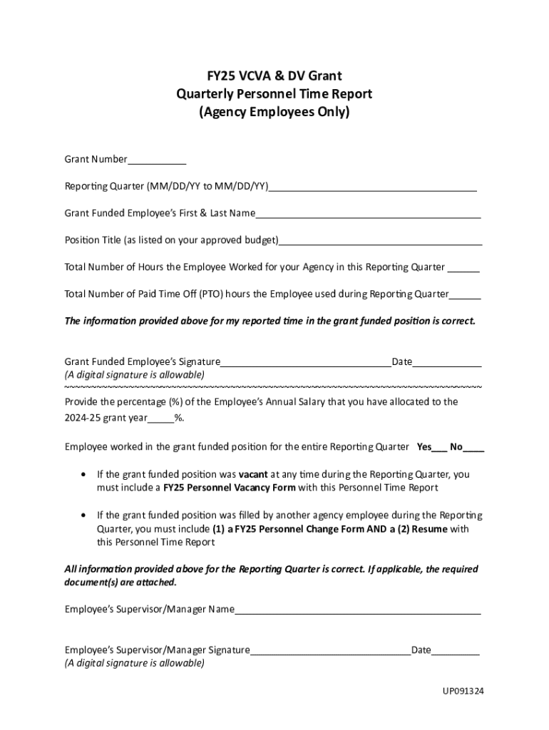 Fillable Online FY25 VCVA & DV Grant Quarterly Personnel Time Report (Agency ... Fax Email Print ...