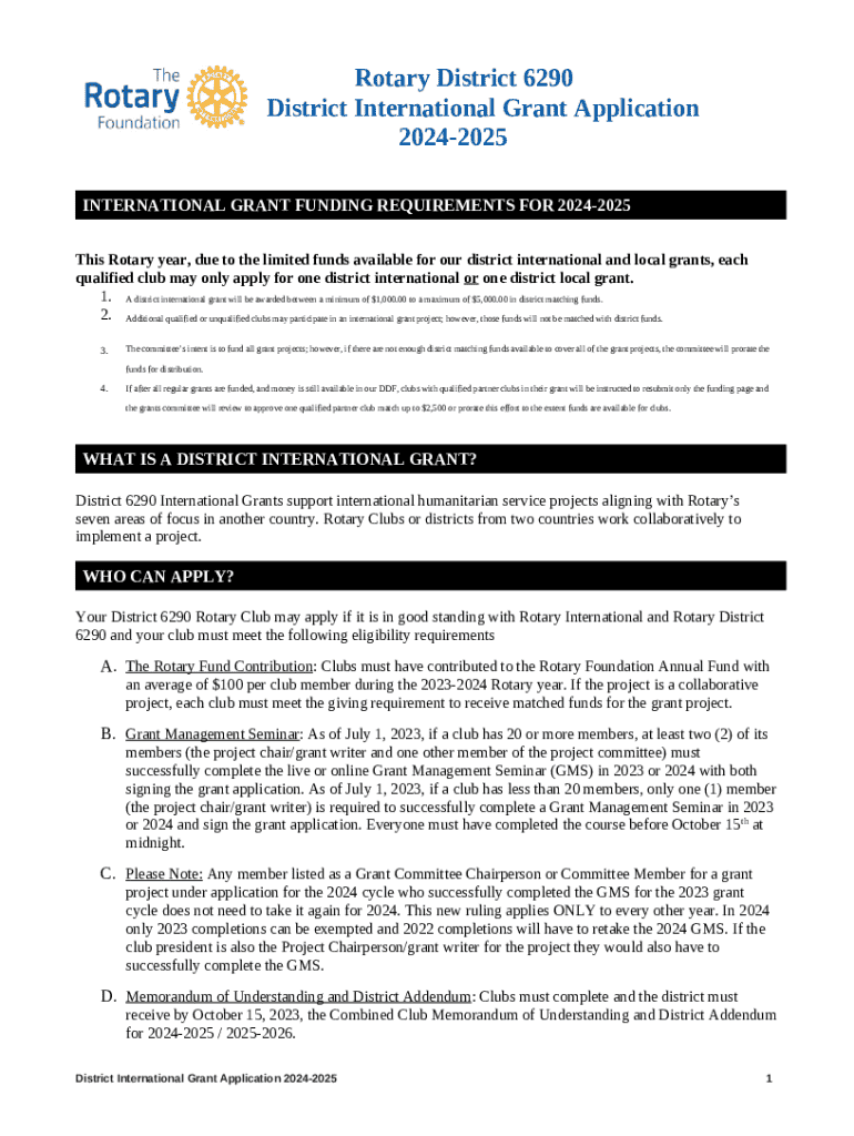 Rotary District 6290 District International Grant Application Doc Template | pdfFiller