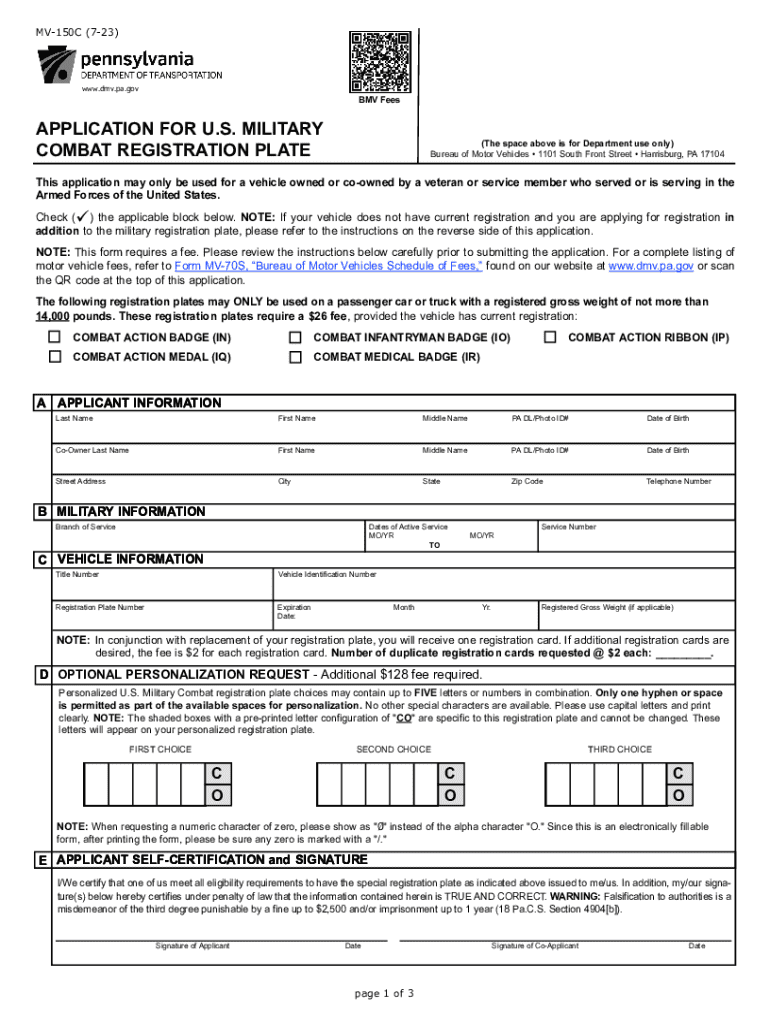 Fillable Online Application for U.s. Military Combat Registration Plate Fax Email Print - pdfFiller