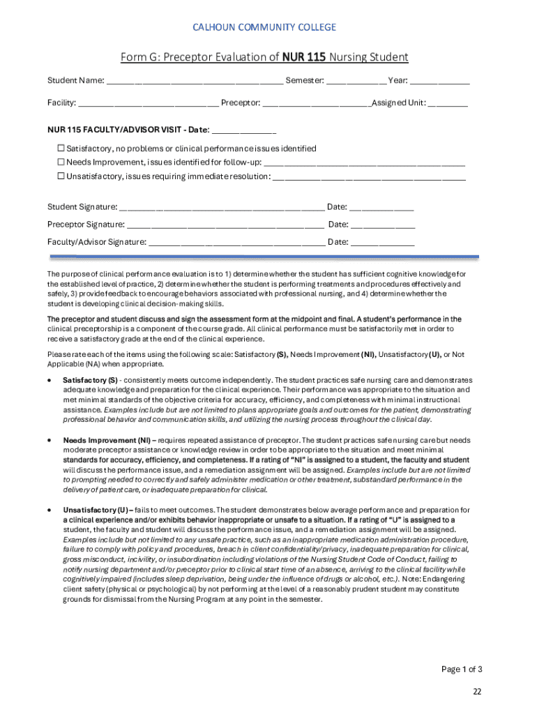 Fillable Online Form G: Preceptor Evaluation of NUR 115 Nursing Student ...