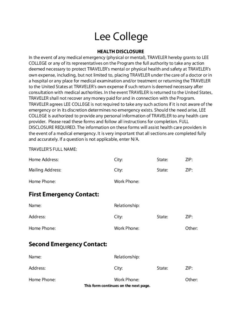 Fillable Online Lee College Health Disclosure Fax Email Print - pdfFiller