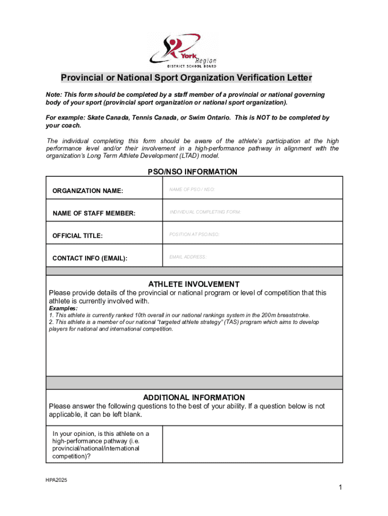 Fillable Online Verification Letter for Provincial or National Sport Organization Fax Email ...
