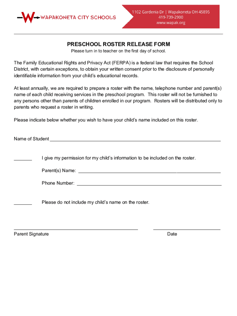 Fillable Online Preschool Roster Release Form Fax Email Print - pdfFiller