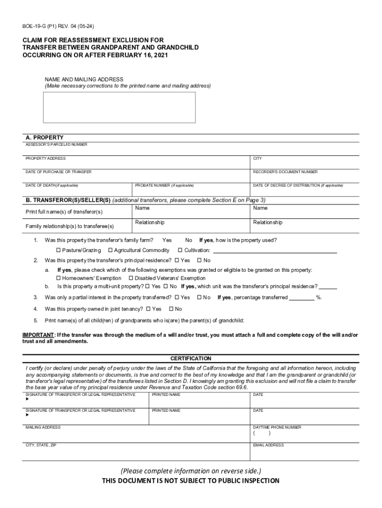 Fillable Online Claim for Reassessment Exclusion for Transfer Between Grandparent and Grandchild ...