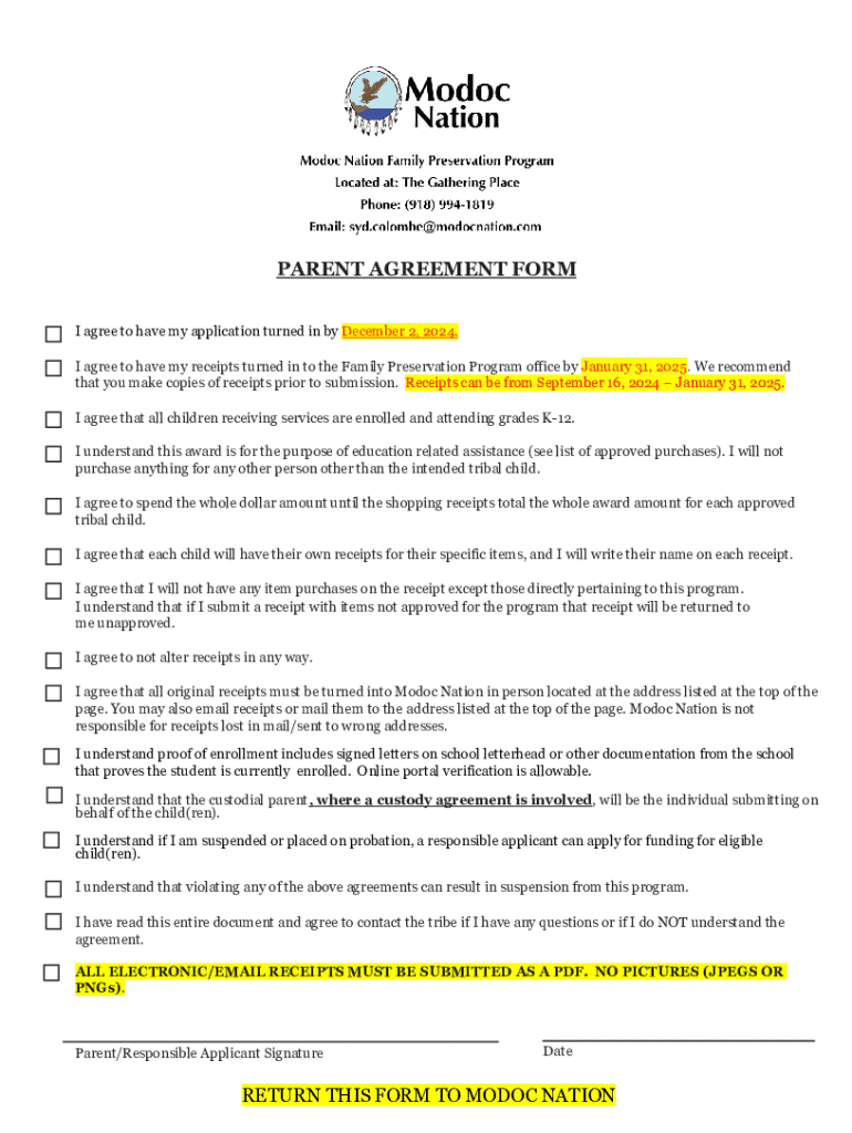 Fillable Online Parent Agreement for Family Preservation Program Fax ...