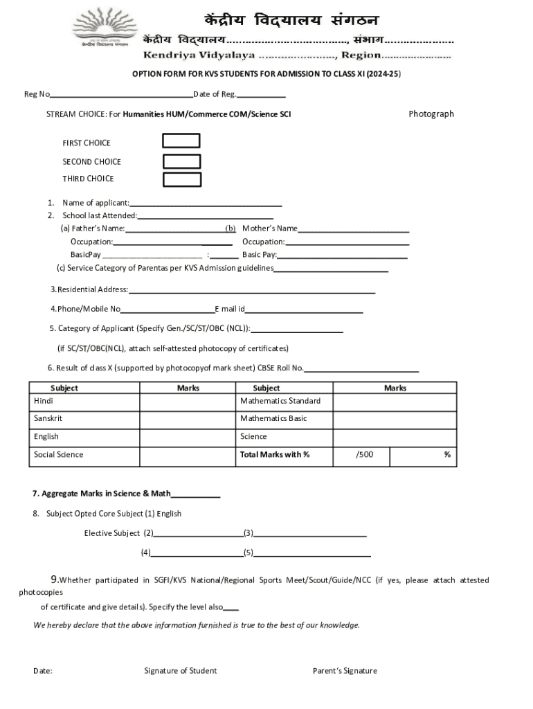 Fillable Online Kvs Admission Form for Class Xi Fax Email Print - pdfFiller